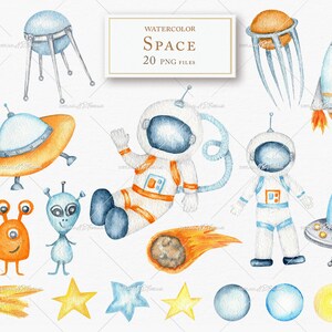 Watercolor Space Clipart: Astronaut, Rocket, Alien PNG (digital ...