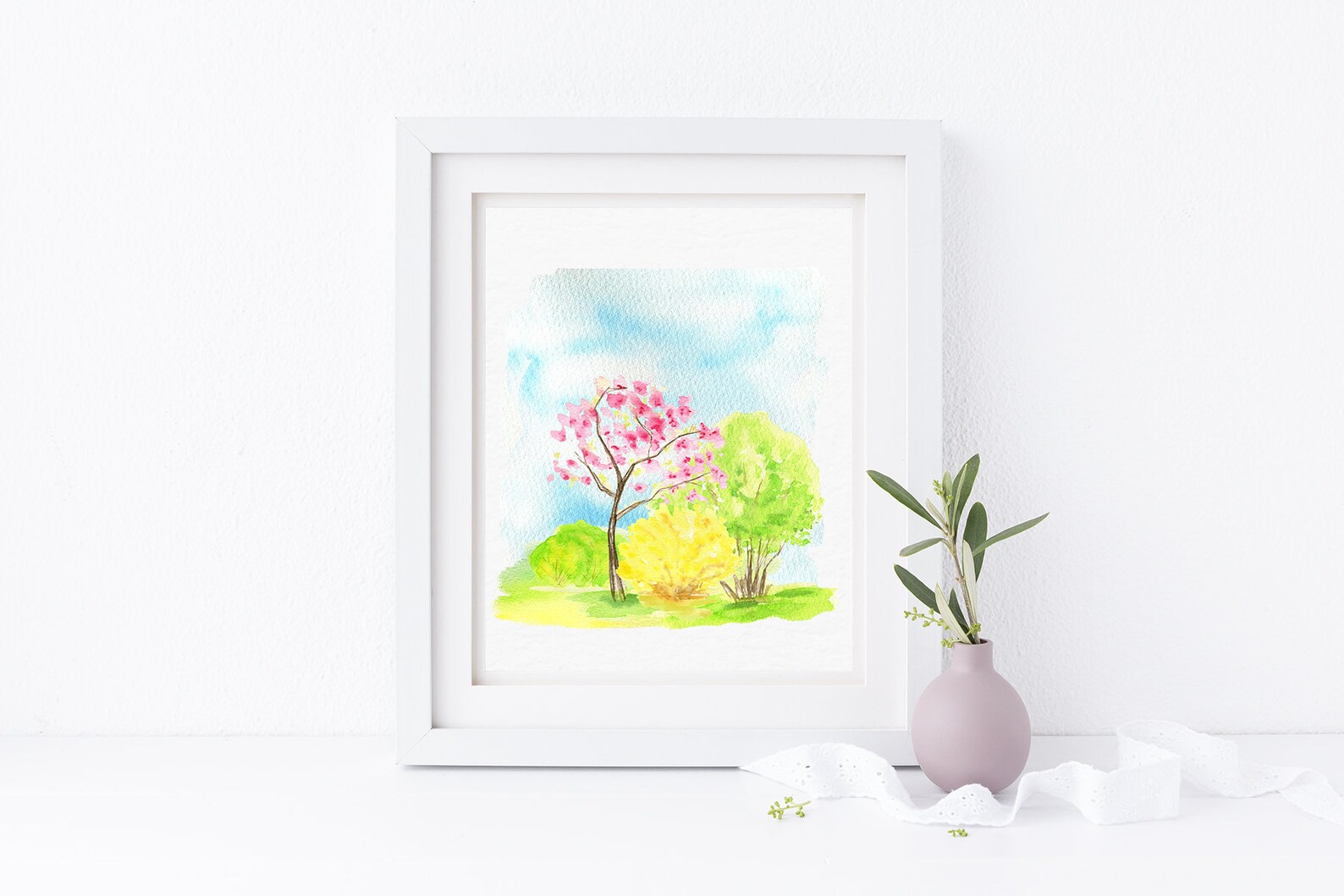 Watercolor Spring Trees Clipart, Blossom Mountain Landscape Clip Art ...