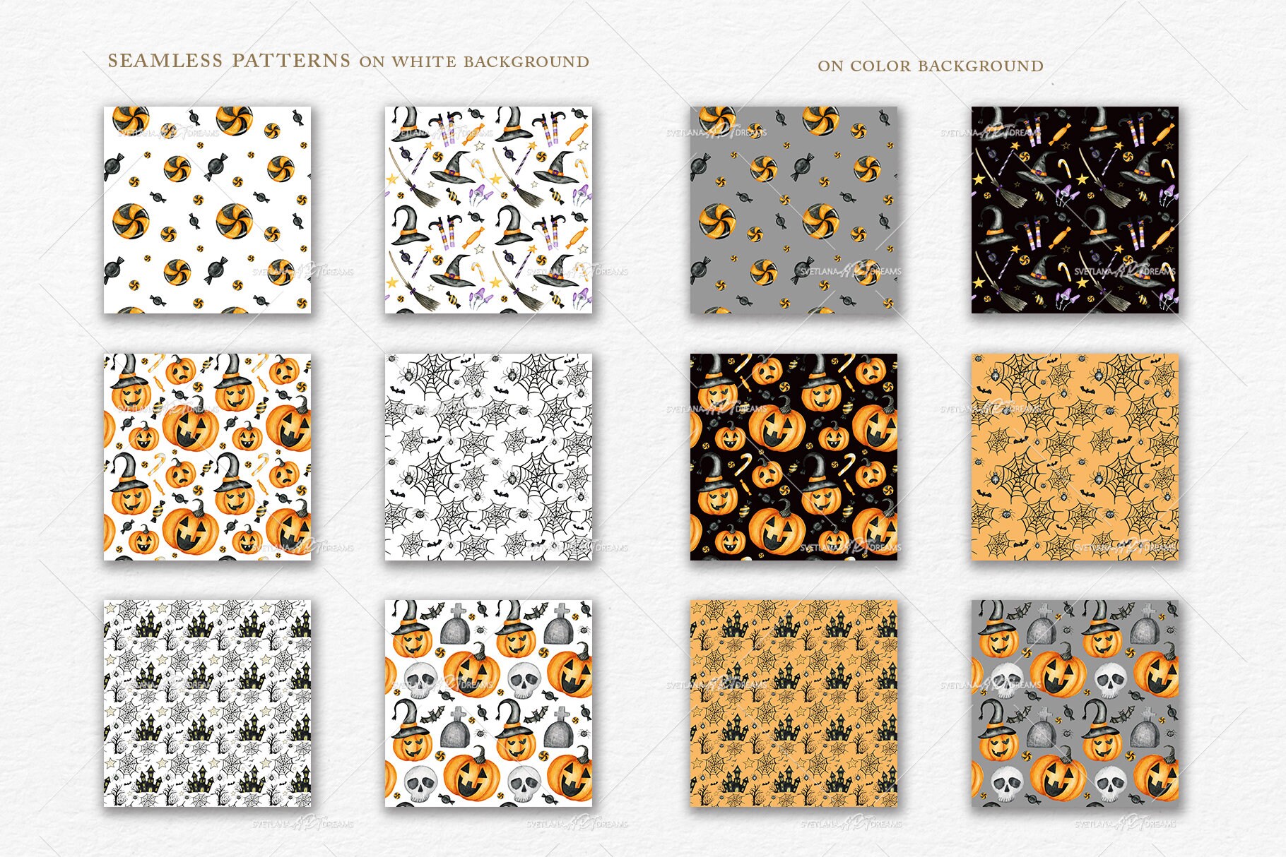 Watercolor Digital Paper With Halloween Sign Pumpkins, Witch Hat, Candy ...