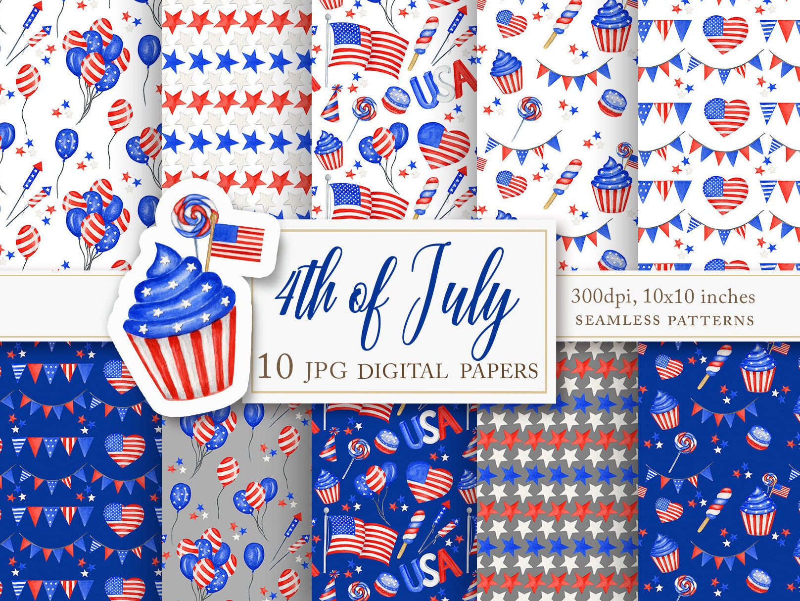 4th of July USA Flags Digital Paper Pack, American Patriotic Watercolor ...