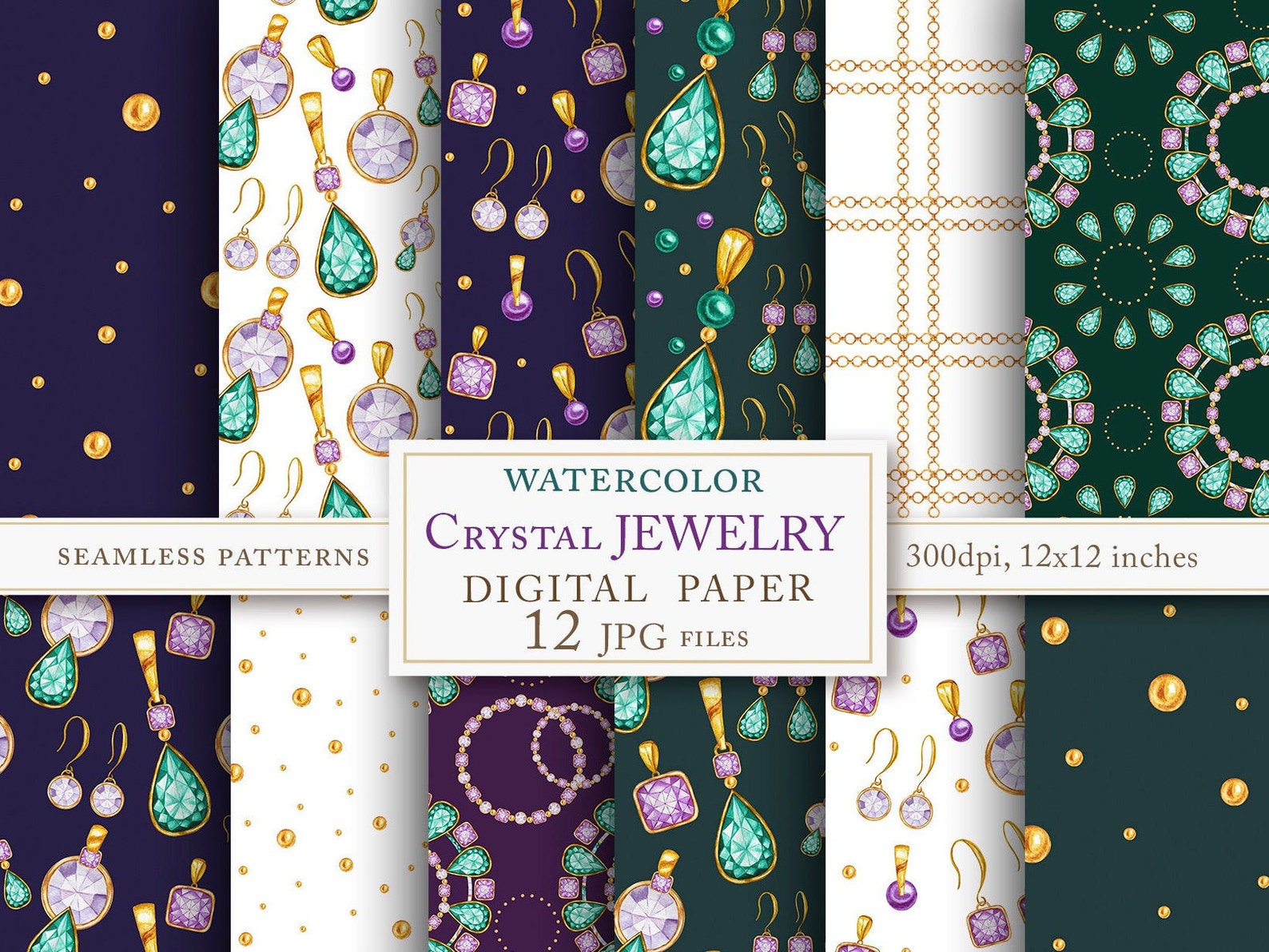 Crystal Diamonds Jewelry Digital Paper Watercolor Set, Gemstone ...