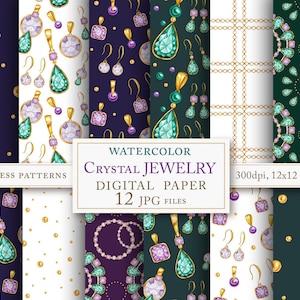 Crystal Diamonds Jewelry Digital Paper Watercolor Set, Gemstone ...