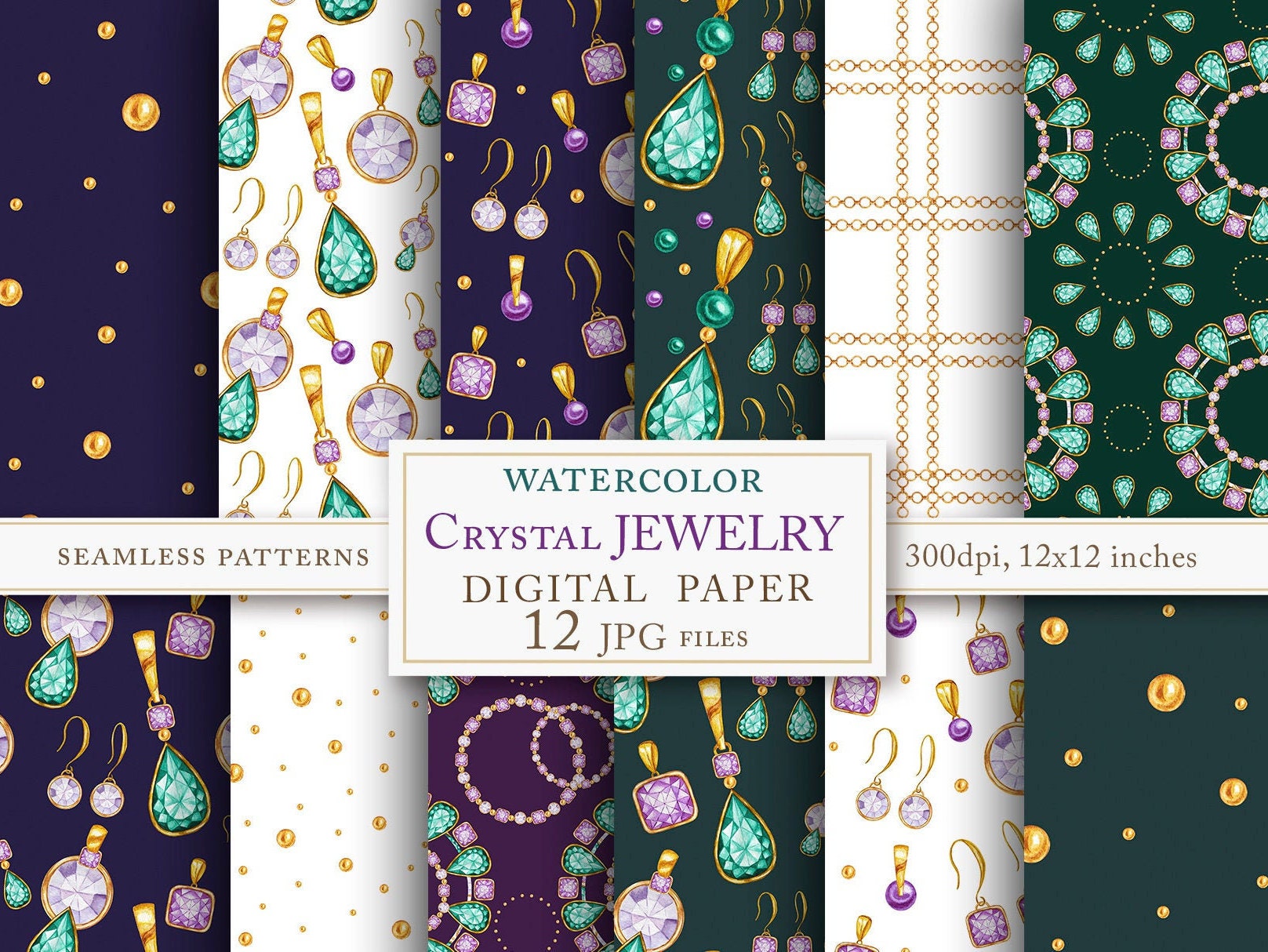 Crystal Diamonds Jewelry Digital Paper Watercolor Set, Gemstone ...