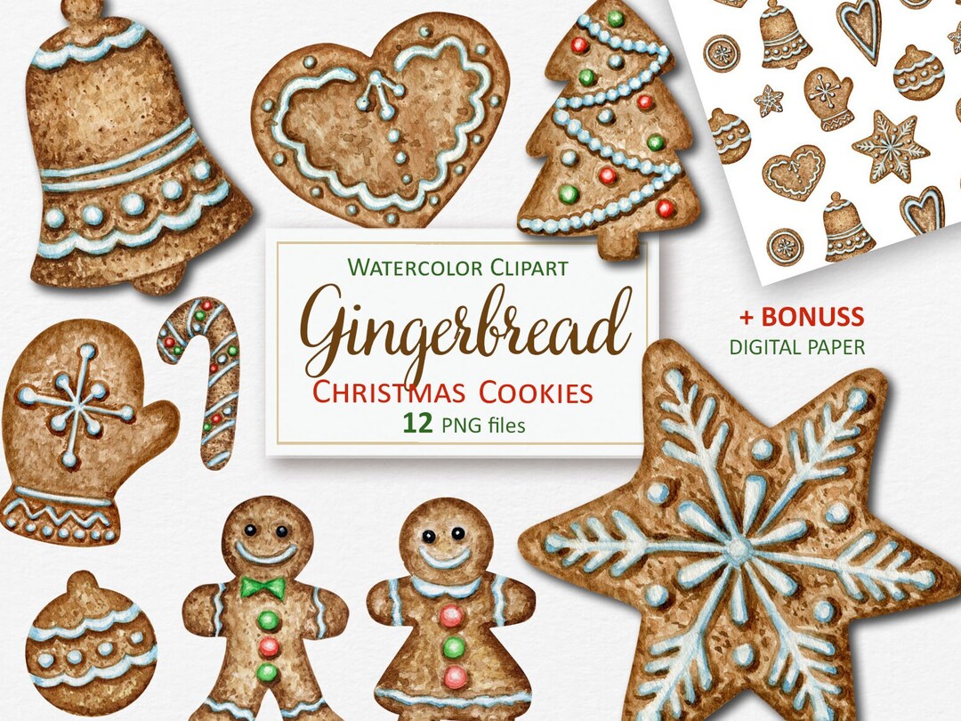 Watercolor Christmas Gingerbread Cookies Clipart, Santa Cookie ...