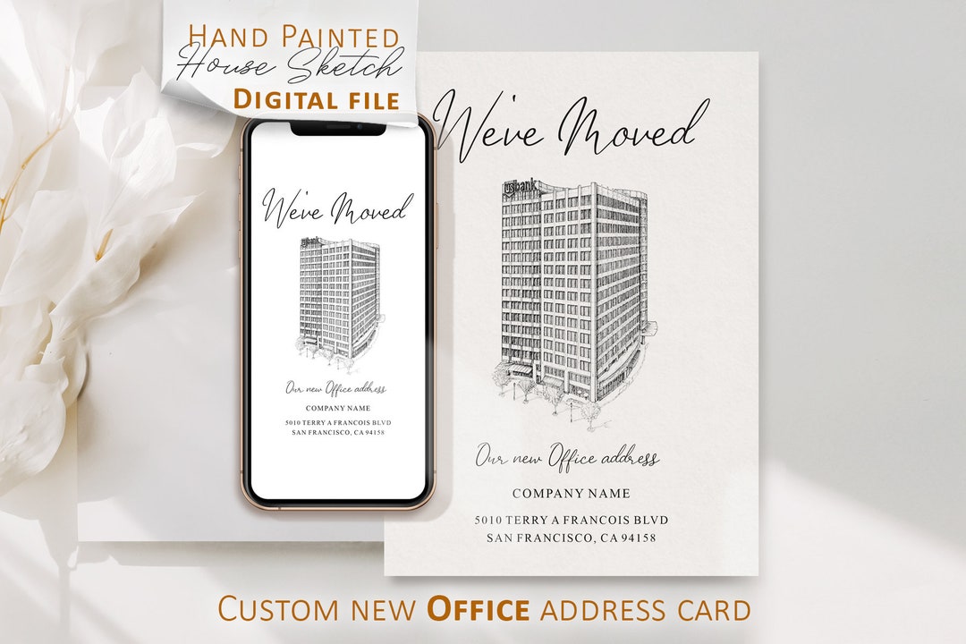 Hand-painted Office Moving Announcement Card: Custom Building Sketch ...