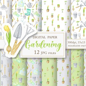 Gardening Digital Paper Pack, Watercolor Huge Garden Tools Scrapbook ...