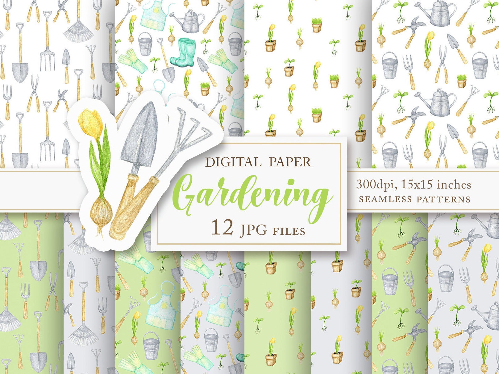 Gardening Digital Paper Pack, Watercolor Huge Garden Tools Scrapbook ...
