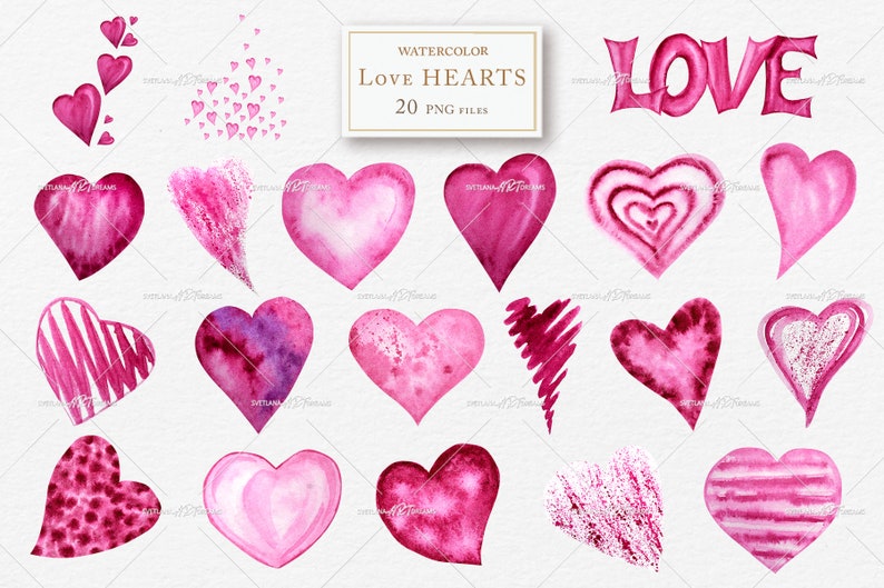 Watercolor Love Hearts PNG Clipart Bundle, Valentines Day Romantic ...