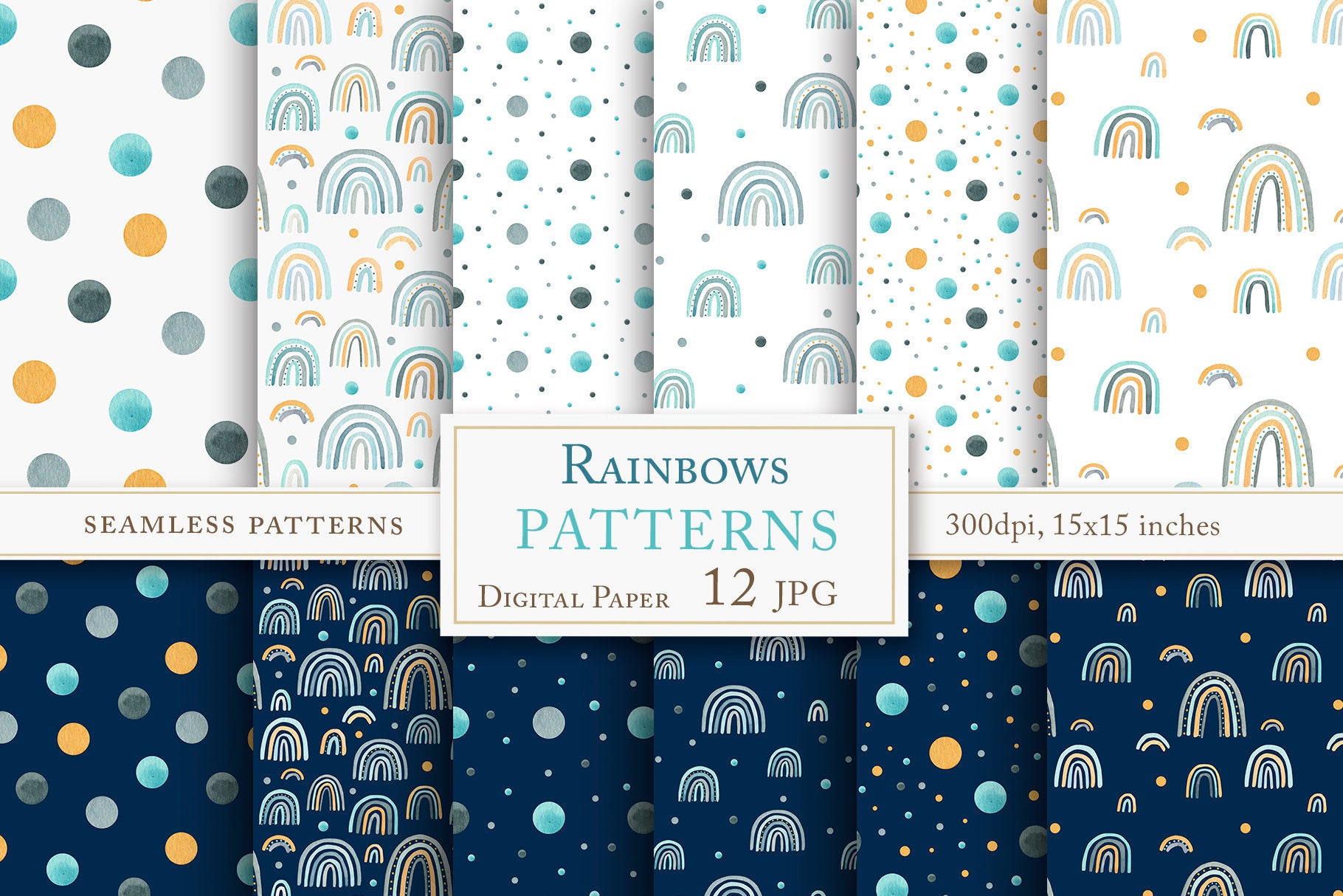 Watercolor RAINBOW Digital Paper Set, Hand Painted Nursery Art Modern ...