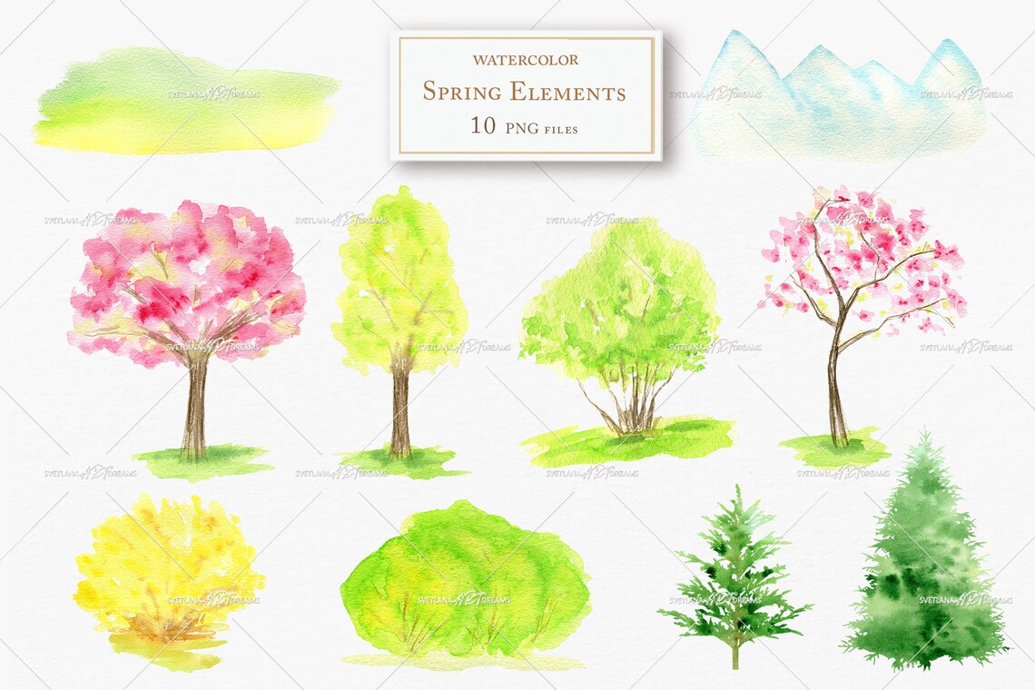 Watercolor Spring Trees Clipart, Blossom Mountain Landscape Clip Art ...
