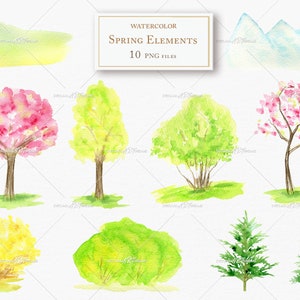 Watercolor Spring Trees Clipart, Blossom Mountain Landscape Clip Art ...
