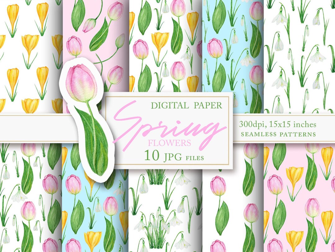 SPRING Floral Digital Paper Pack Watercolor Flowers Seamless - Etsy