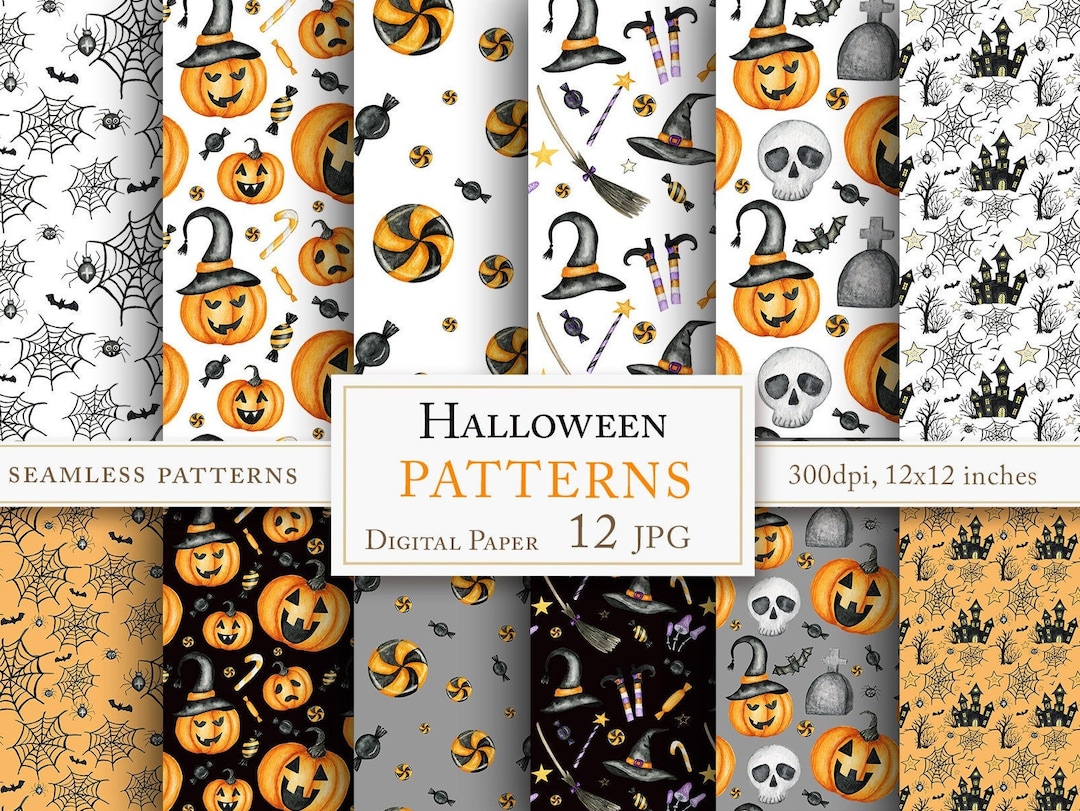 Watercolor Digital Paper With Halloween Sign Pumpkins, Witch Hat, Candy ...