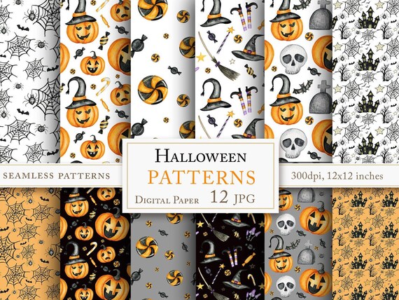 Watercolor Digital Paper With Halloween Sign Pumpkins Witch | Etsy