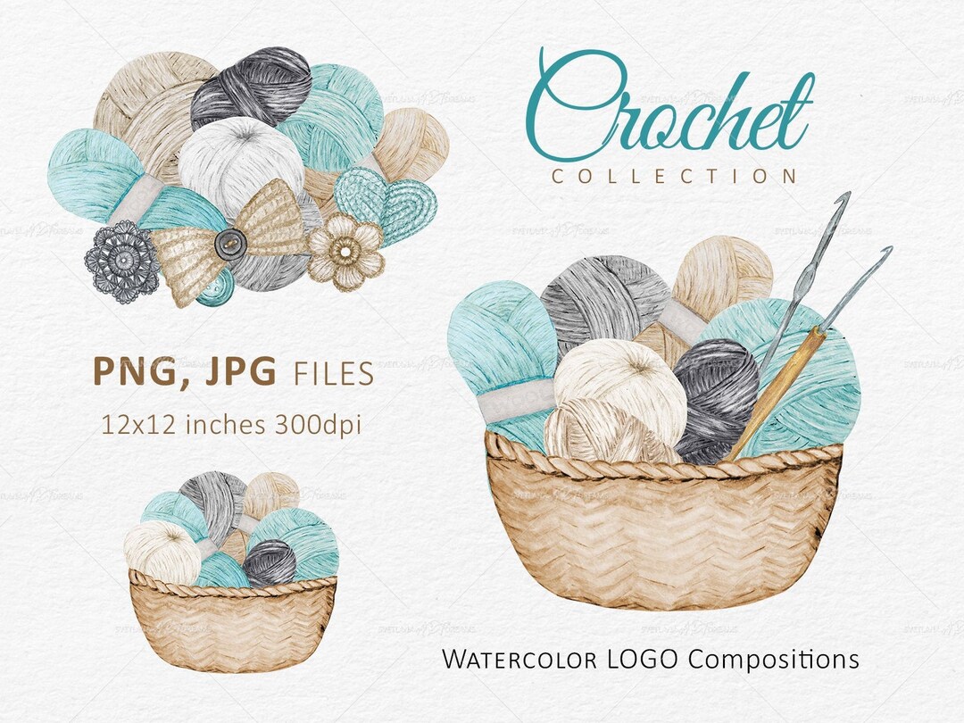 Watercolor Crochet Logo Clipart: Wool Yarn, Hooks (digital Download) - Etsy