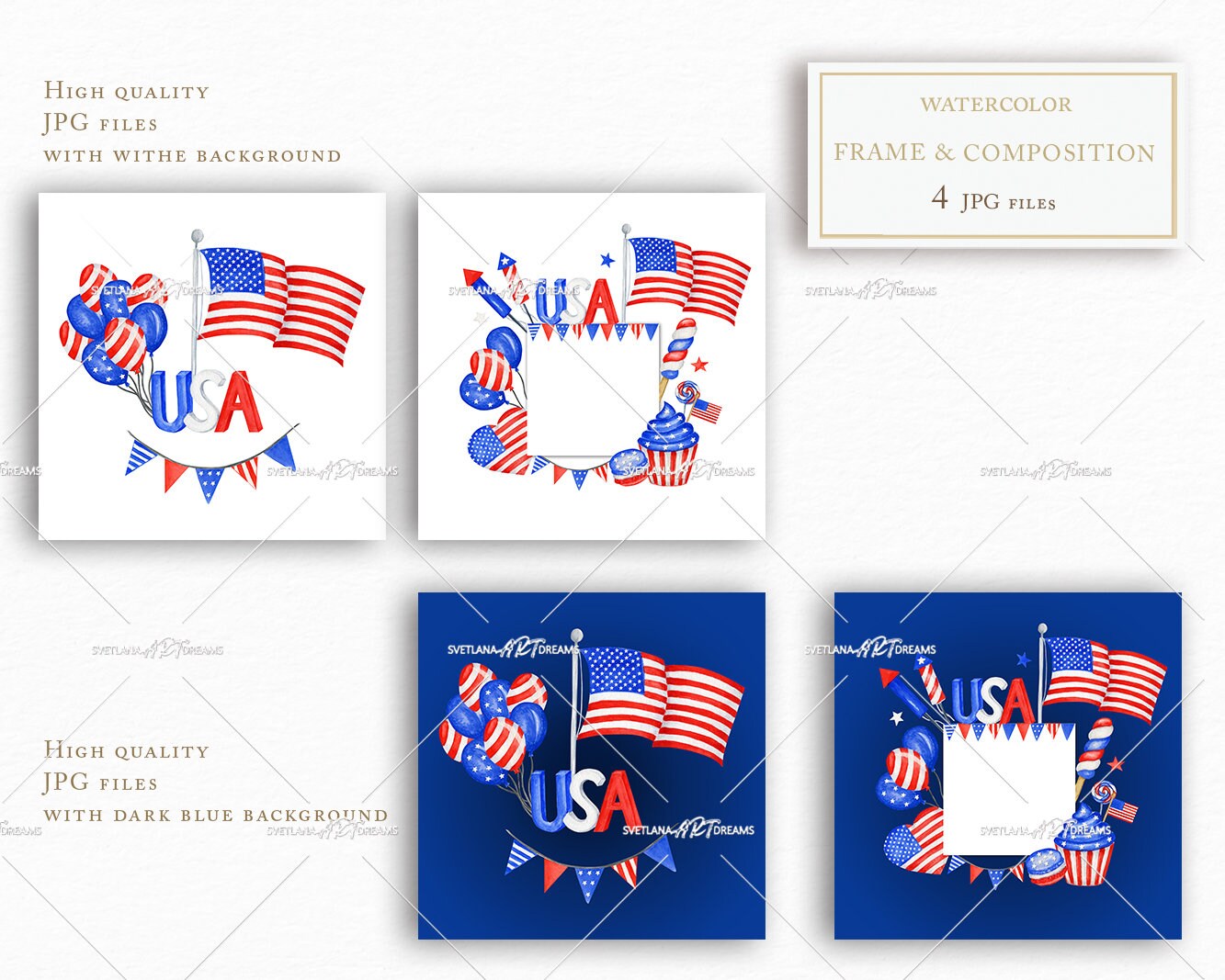 4th of July USA Flags Frame. American Patriotic Watercolor Collection ...