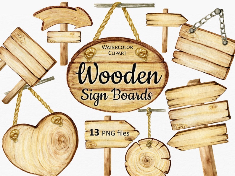 Watercolor Wooden Signs Clipart, Wood Arrow Boards, Rustic Wood Planks ...
