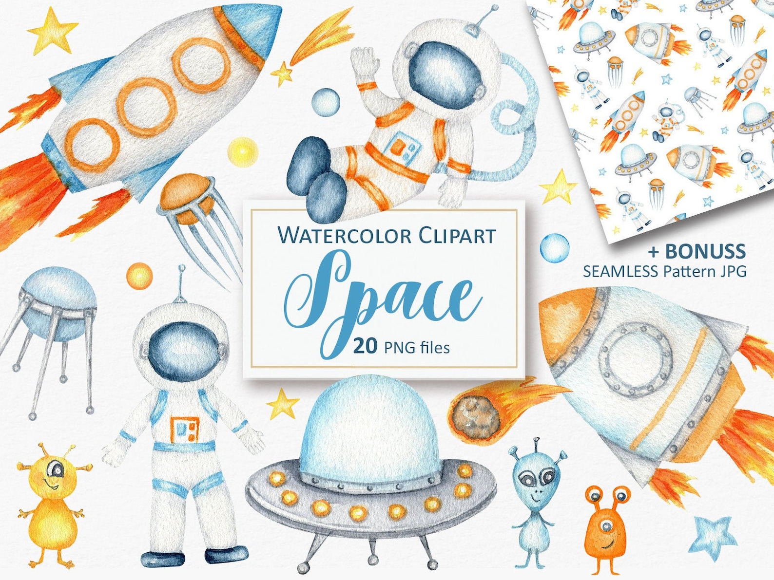 Watercolor Space Clipart: Astronaut, Rocket, Alien PNG (digital ...