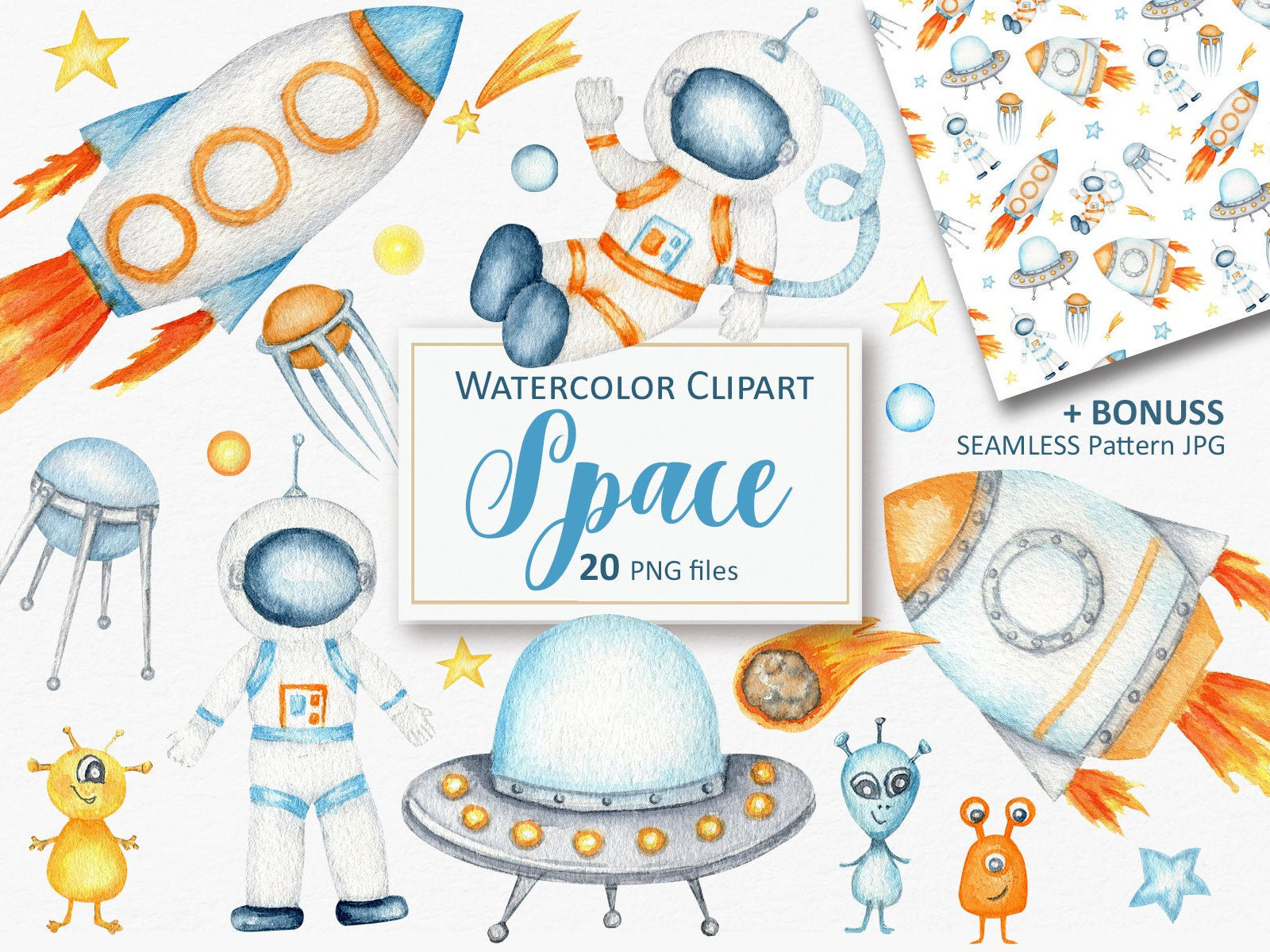 Watercolor Space Clipart: Astronaut, Rocket, Alien PNG (digital ...