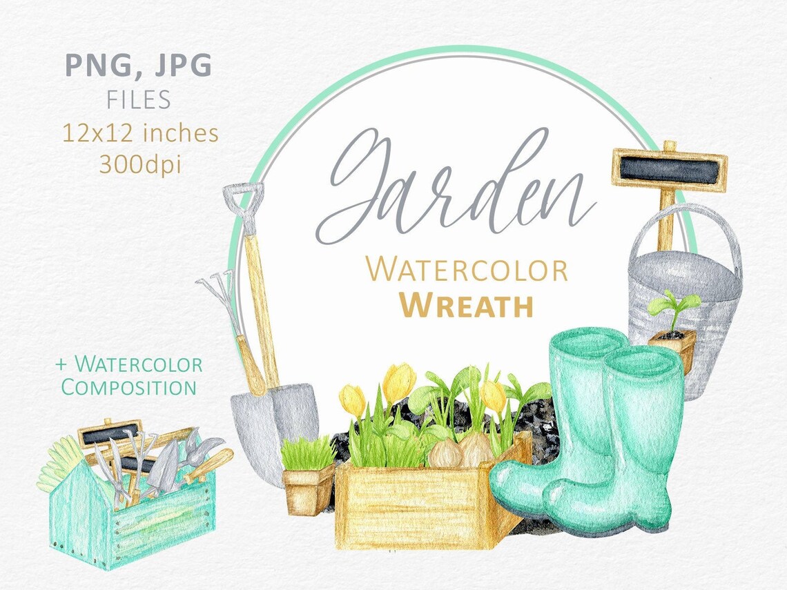 Watercolor Gardening Wreath Logo Design Png Clipart, Garden Tools Frame ...