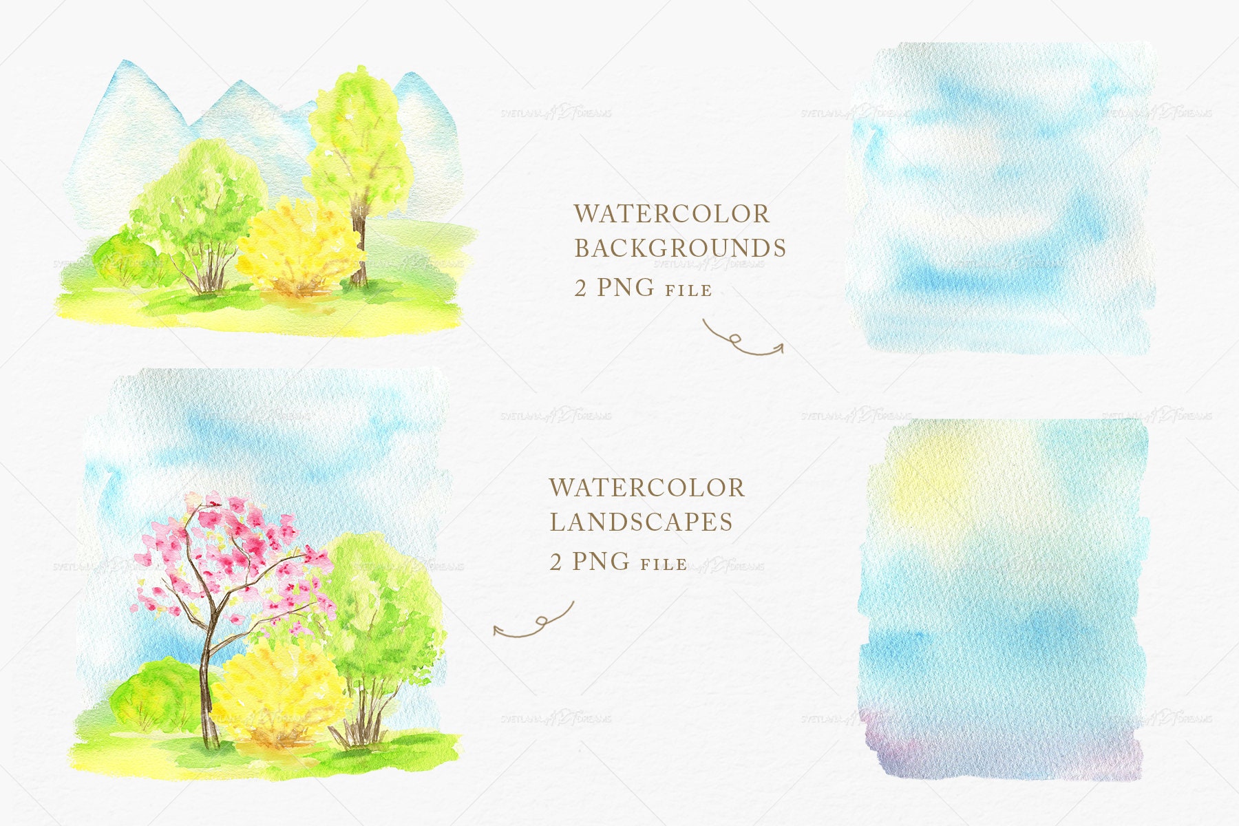 Watercolor Spring Trees Clipart, Blossom Mountain Landscape Clip Art ...