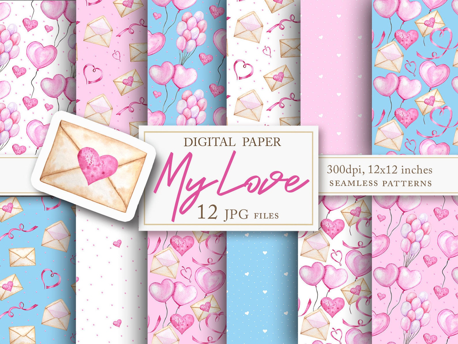 Valentines Day Digital Paper Pack, Love Hearts Watercolor Seamless ...