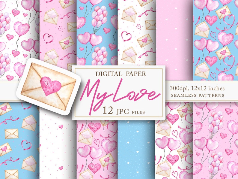 Valentines Day Digital Paper Pack, Love Hearts Watercolor Seamless ...
