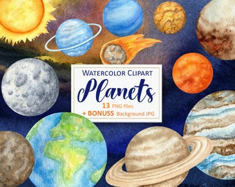 Outer Space Clipart Watercolor Solar System Galaxy and - Etsy