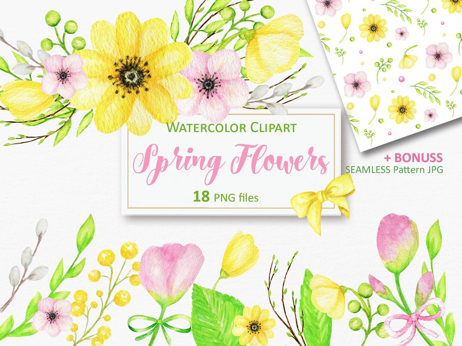 Watercolor Spring Flowers Clipart Floral Bouquet Yellow Pink - Etsy