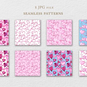 Valentines Day Seamless Patterns, Love Hearts Watercolor Digital Paper ...