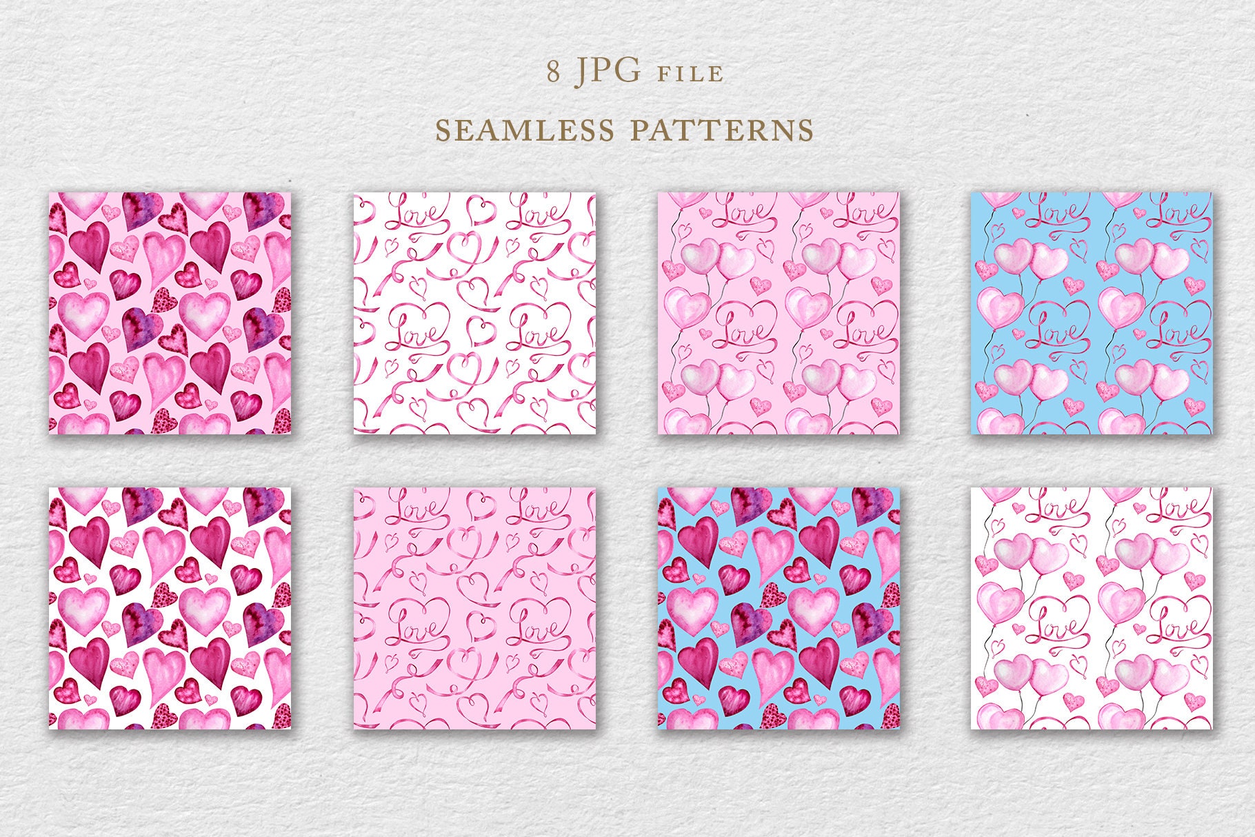 Valentines Day Seamless Patterns, Love Hearts Watercolor Digital Paper ...