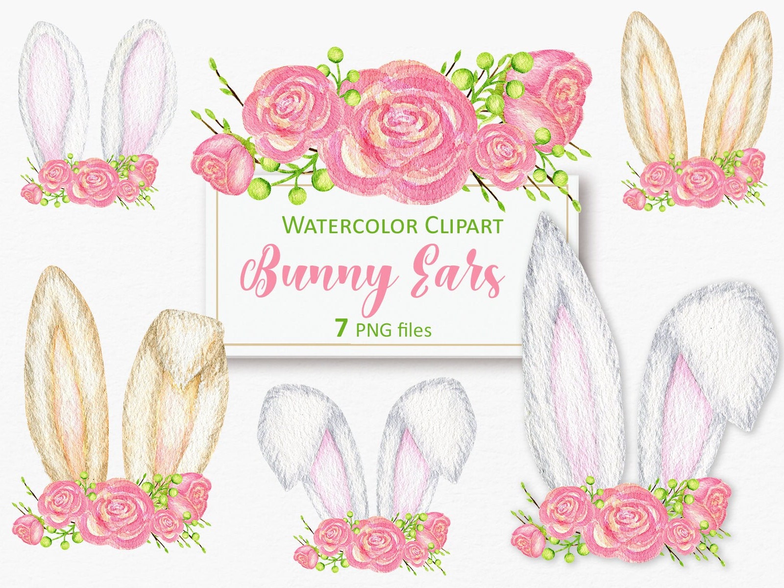 Floral Bunny Ears Easter Clipart, Watercolor Spring Rabbit Ears With ...