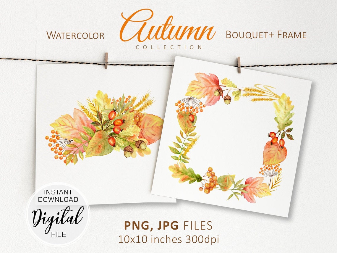 Watercolor Autumn Frame PNG Clipart Fall Leaves Bouquet - Etsy