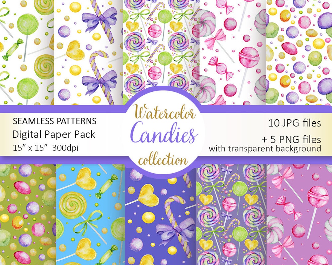 Watercolor Candies Digital Paper Set, Sweet Lollipop Candy High Quality ...