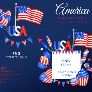 4th of July USA Flags Frame. American Patriotic Watercolor Collection ...