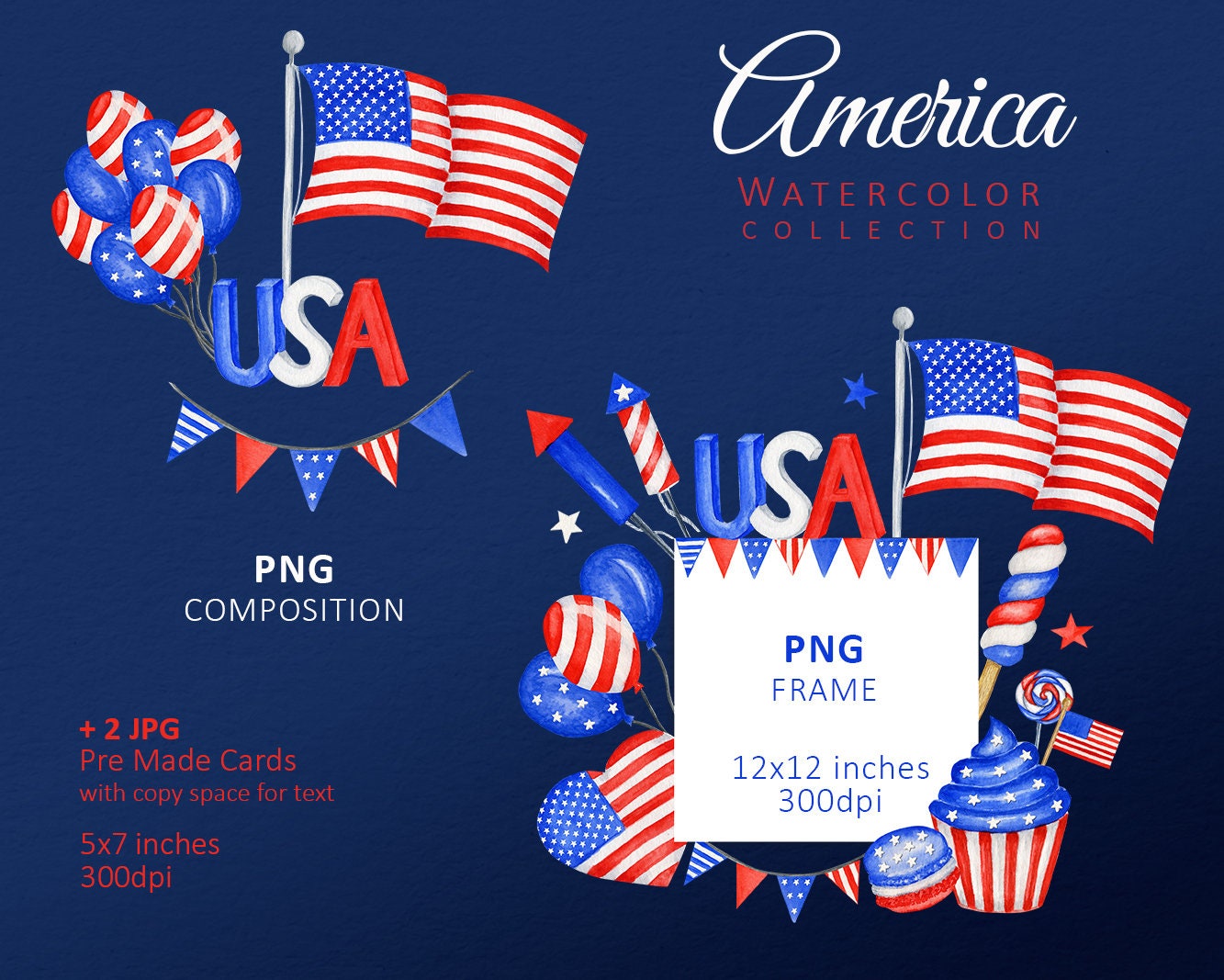 4th of July USA Flags Frame. American Patriotic Watercolor Collection ...