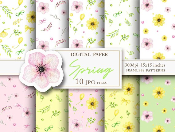 Watercolor spring floral digital paper pack flowers Scrapbook | Etsy