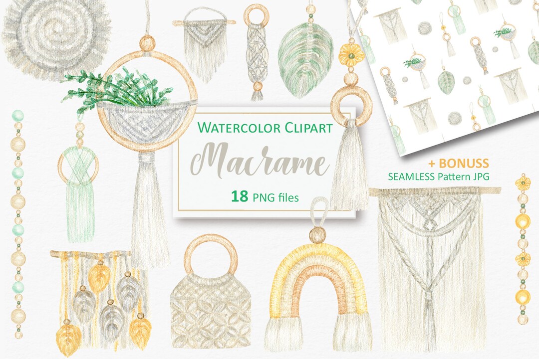 Boho Macrame Clipart, Watercolor Modern Home Decor, Vintage Cozy Home ...