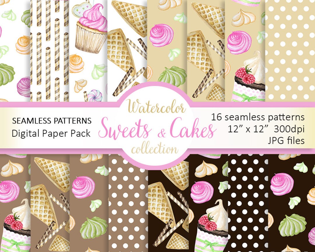Cakes and Sweets Watercolor SEAMLESS Pattern Background. Baking Fabric ...