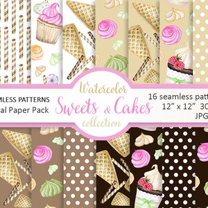 Cakes and Sweets Watercolor SEAMLESS Pattern Background. Baking Fabric ...