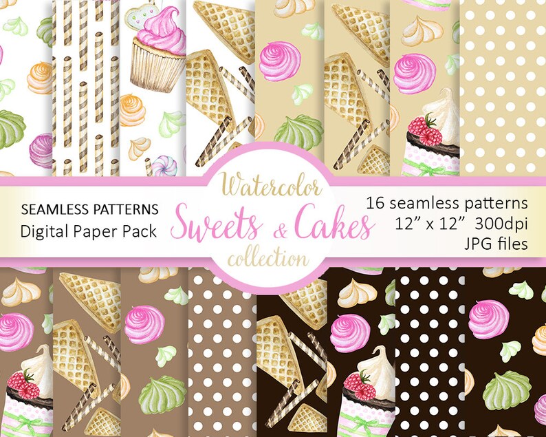 Cakes and Sweets Watercolor SEAMLESS Pattern Background. Baking Fabric ...