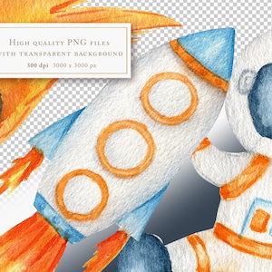 Watercolor Space Clipart: Astronaut, Rocket, Alien PNG (digital ...