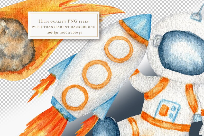 Watercolor Space Clipart Astronaut Spaceship Rocket Stars - Etsy