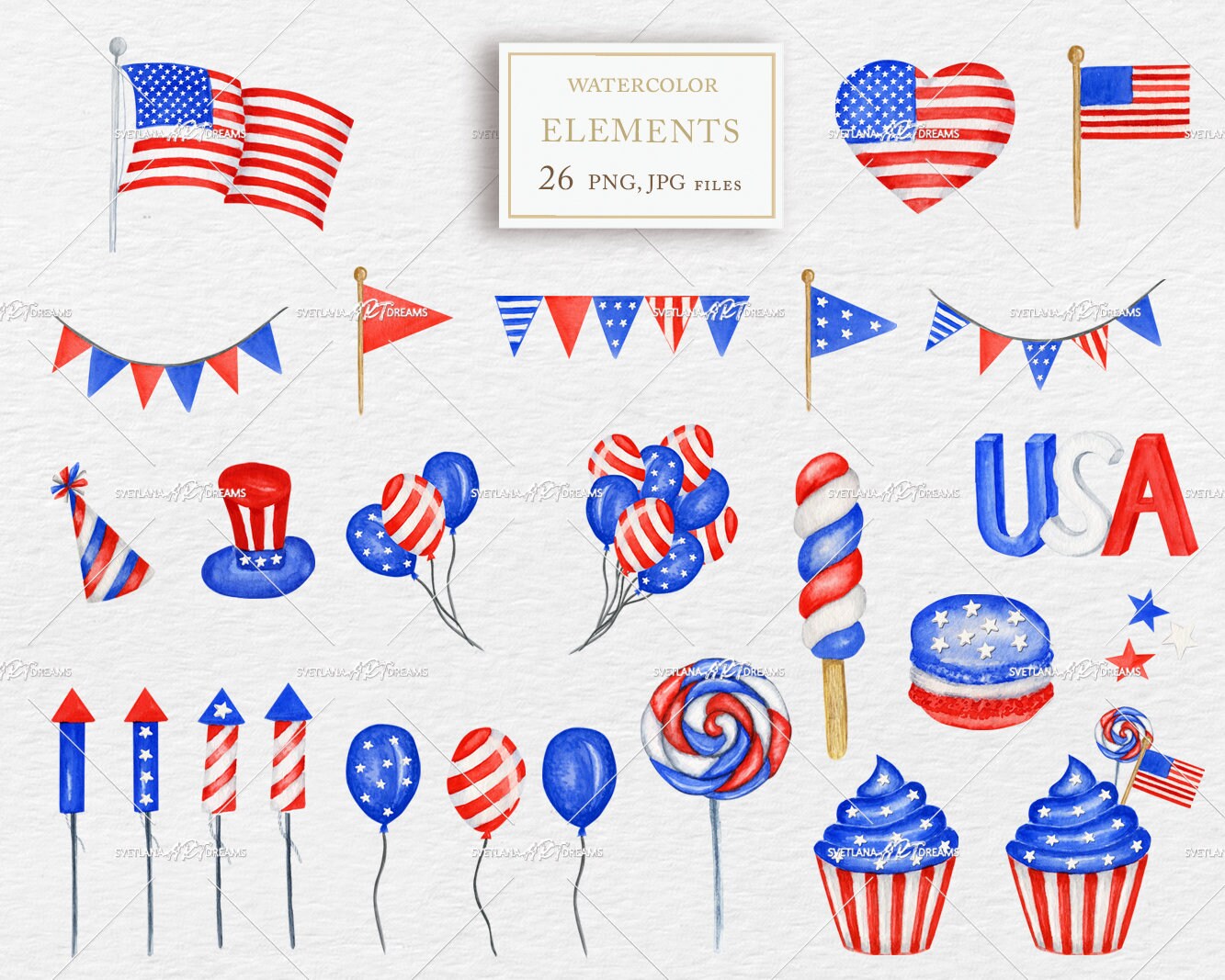 4th of July USA Flags Clipart. American Patriotic Watercolor Collection ...
