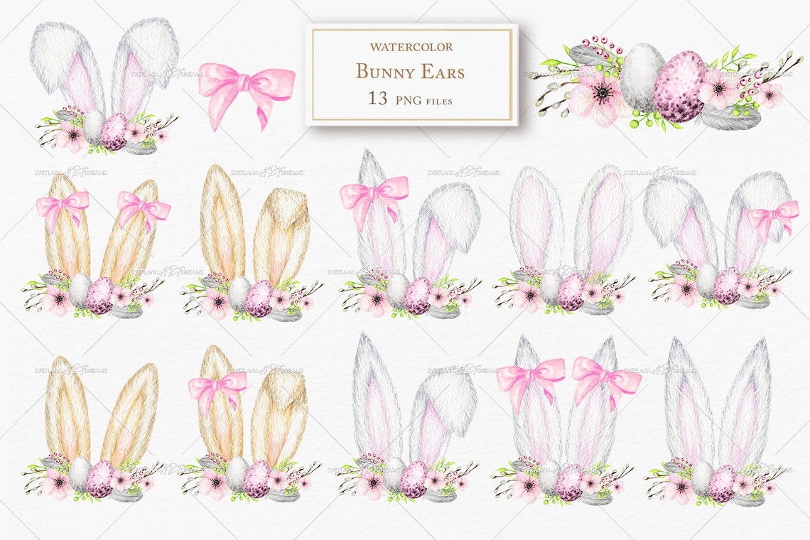 Easter Bunny Ears Clipart, Watercolor Spring Holyday Rabbit Ears With ...