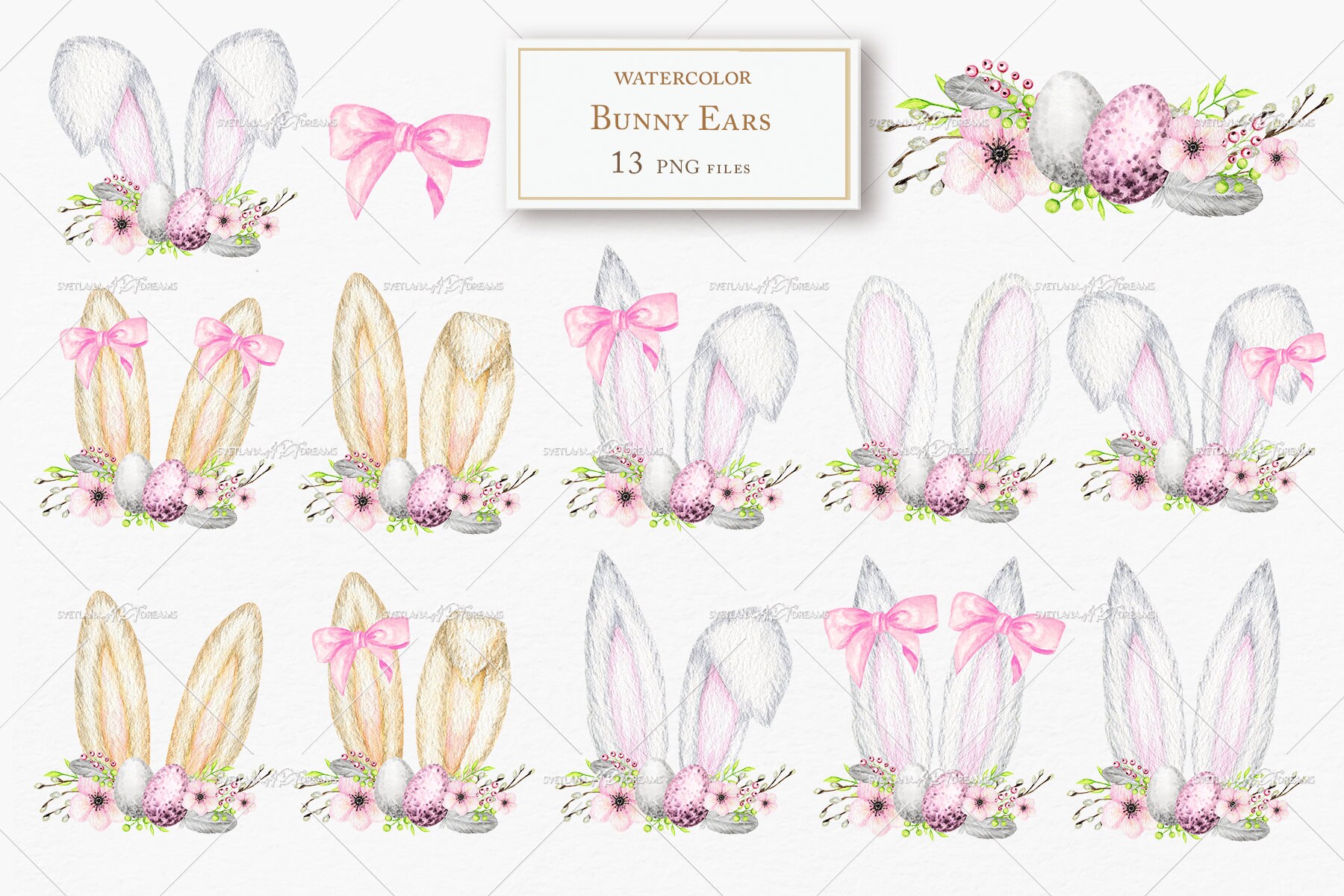 Easter Bunny Ears Clipart, Watercolor Spring Holyday Rabbit Ears With ...