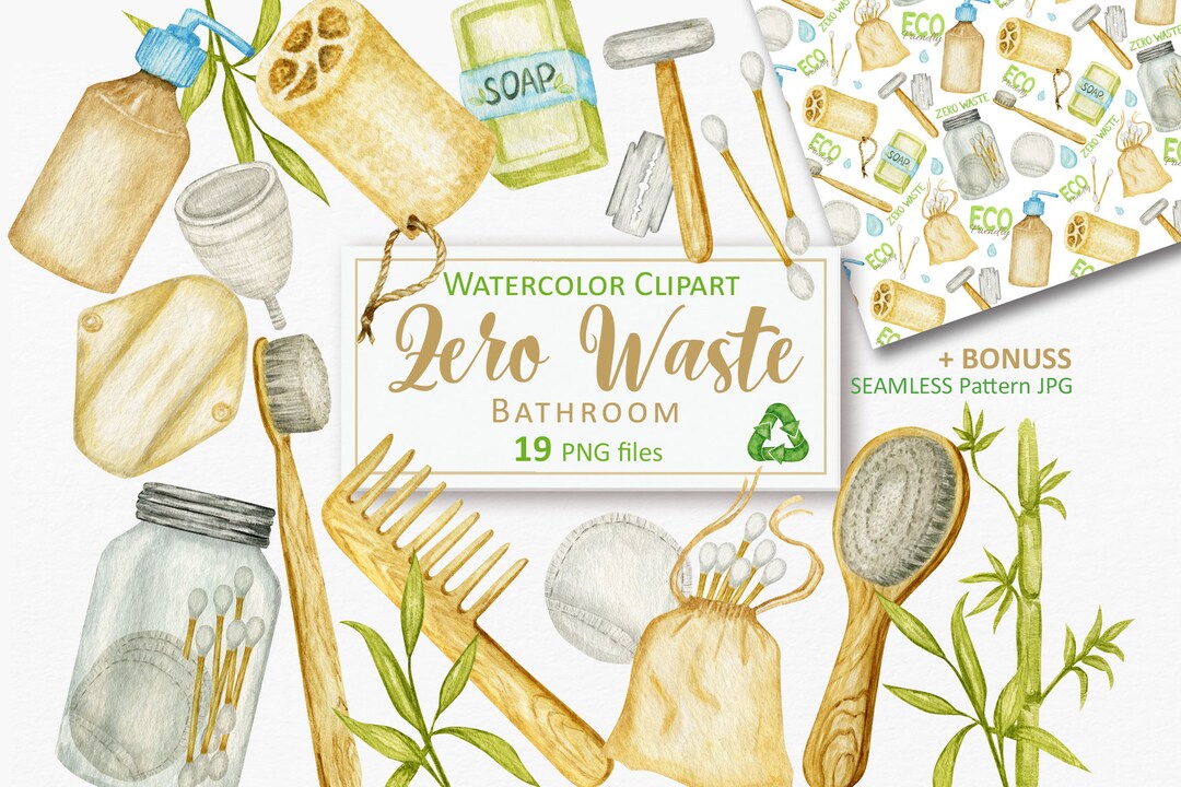 Zero Waste Lifestyle Clipart, Watercolor Eco Friendly Bathroom PNG Clip ...
