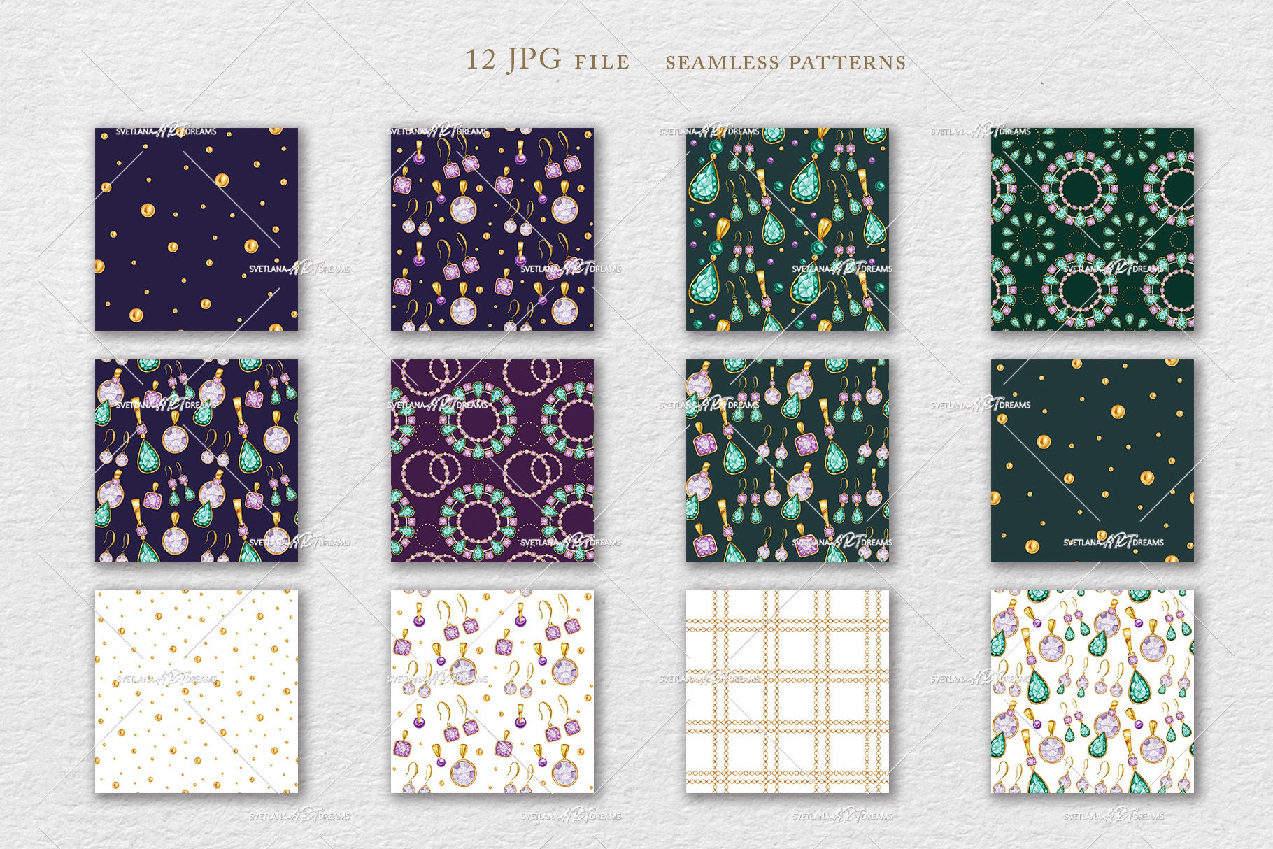 Crystal Diamonds Jewelry Digital Paper Watercolor Set, Gemstone ...