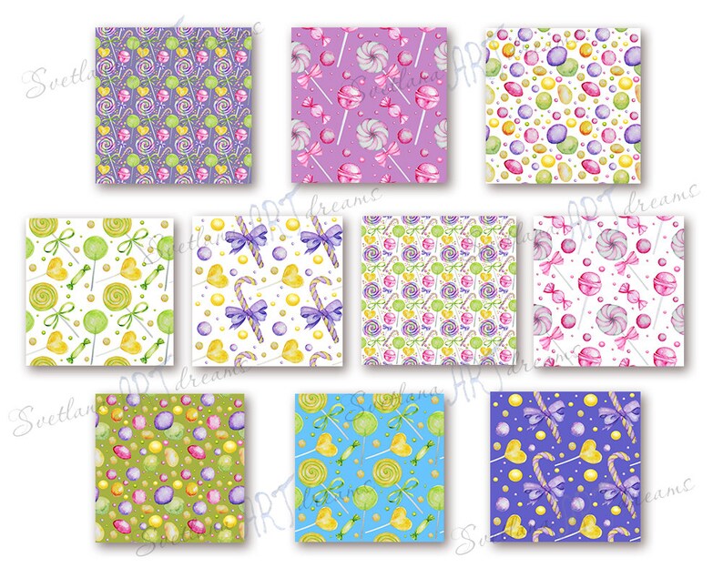 Watercolor Candies Digital Paper Set, Sweet Lollipop Candy High Quality ...