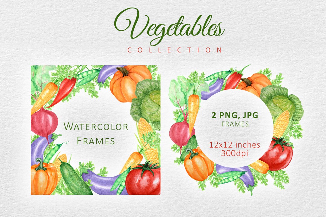 Watercolor VEGETABLES Frame Clipart, Healthy Vegan Food Green Wreath ...